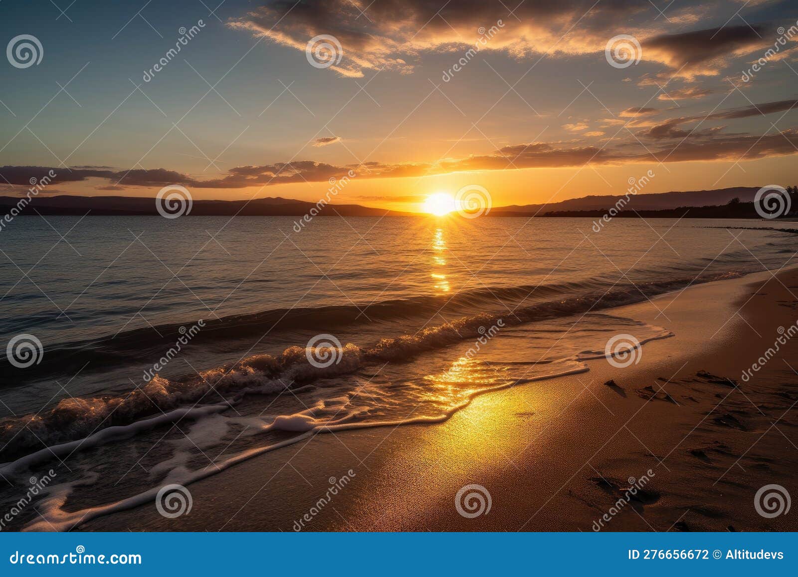 Golden Beach at Sunset, with a View of the Evening Sky and the Setting ...