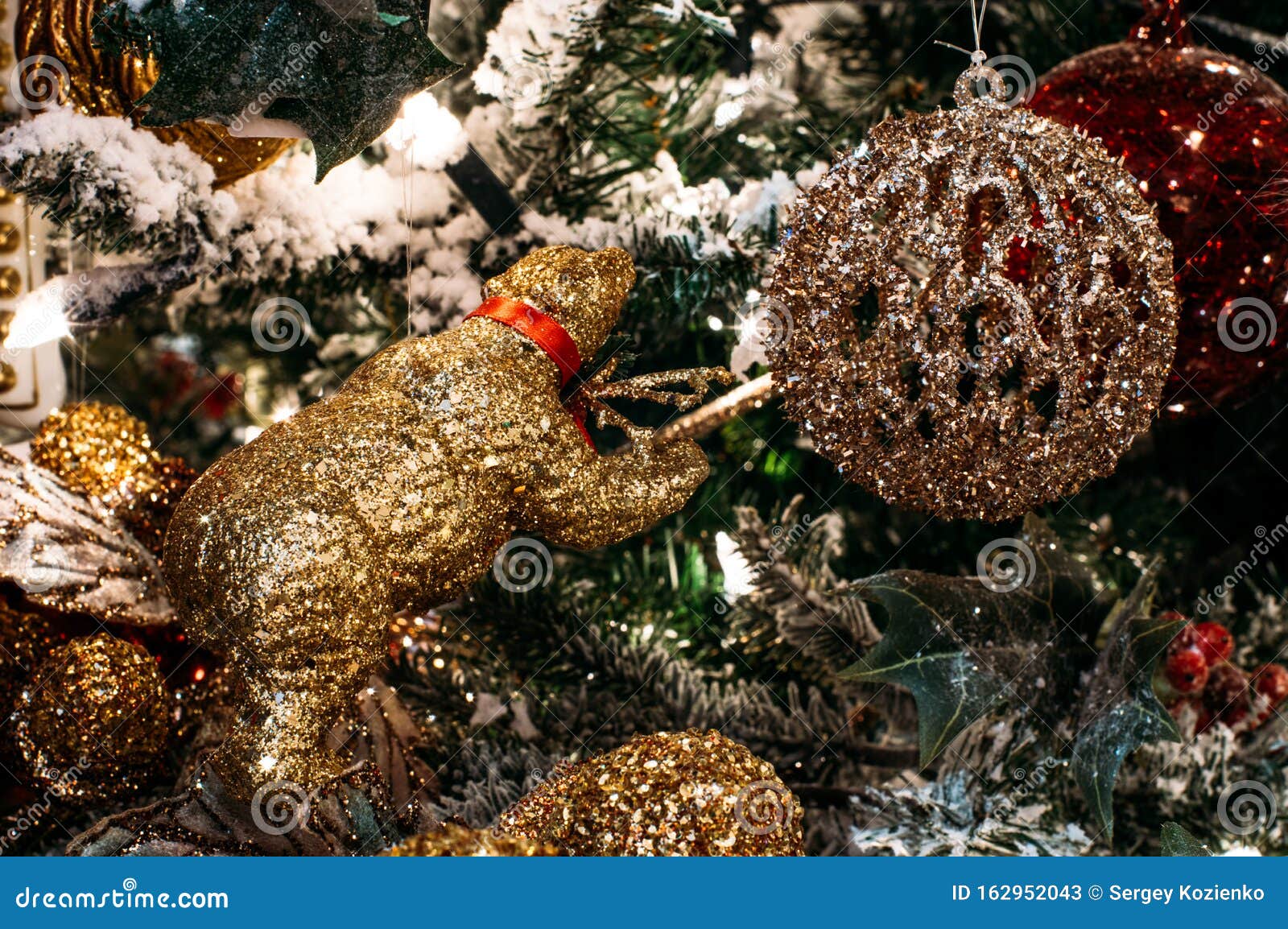 Golden Bear on the Christmas Tree Stock Image - Image of winter, tree ...