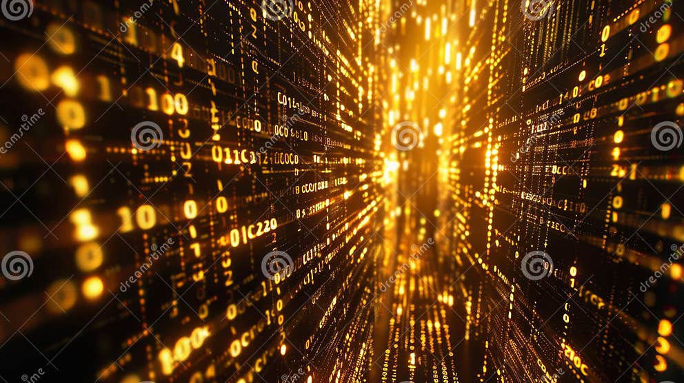 Golden Binary Code Data Grid with Digital Information Displays Stock ...