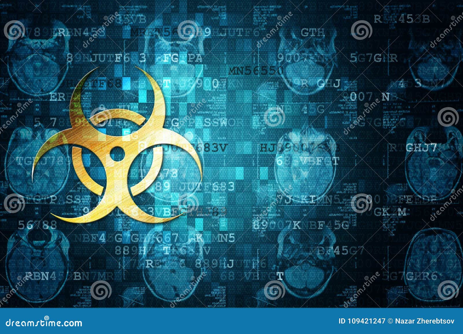Golden Biohazard Symbol on Blue Digital Background with Copyspace ...