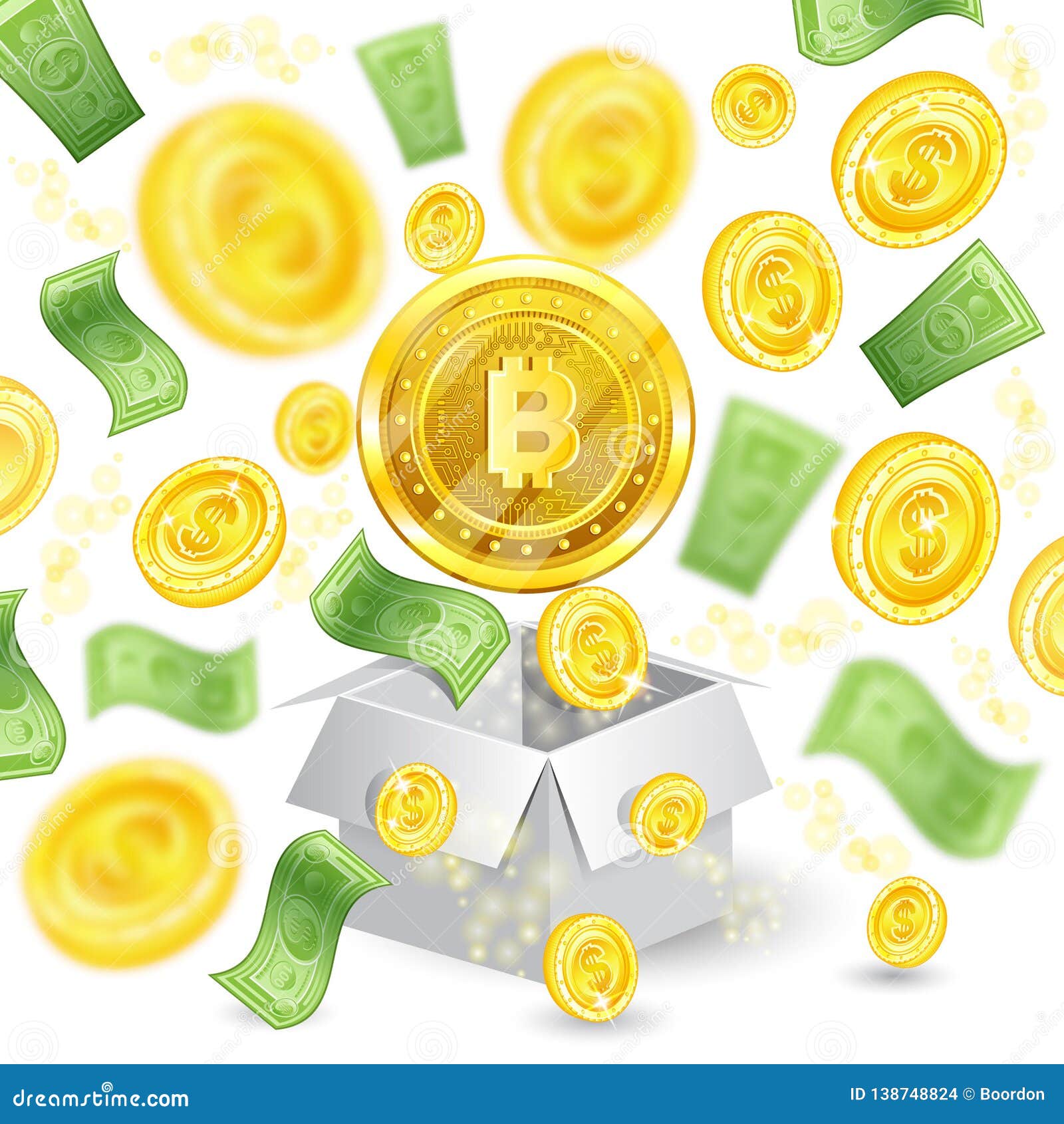 Golden Bit Coin in the Center of Flying Coins and Bamknotes from Box ...