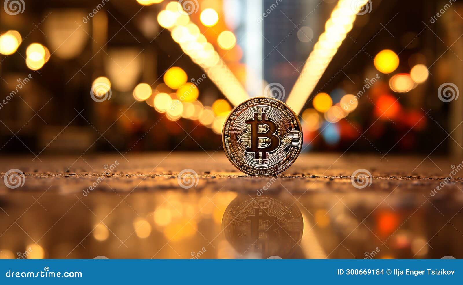 Golden Bitcoin on Blurred Defocused Yellow Abstract Background with ...