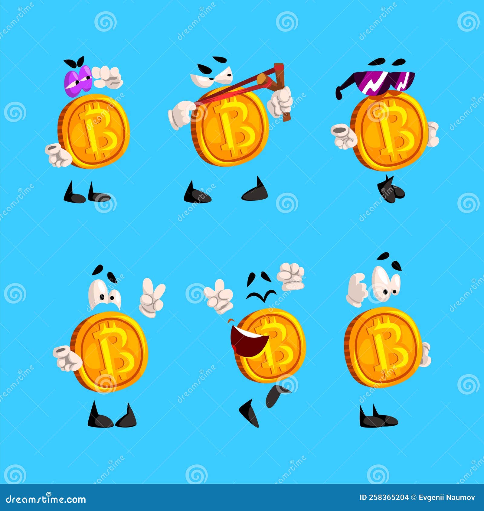 Golden Bitcoin Character with Different Emotion on Blue Background ...