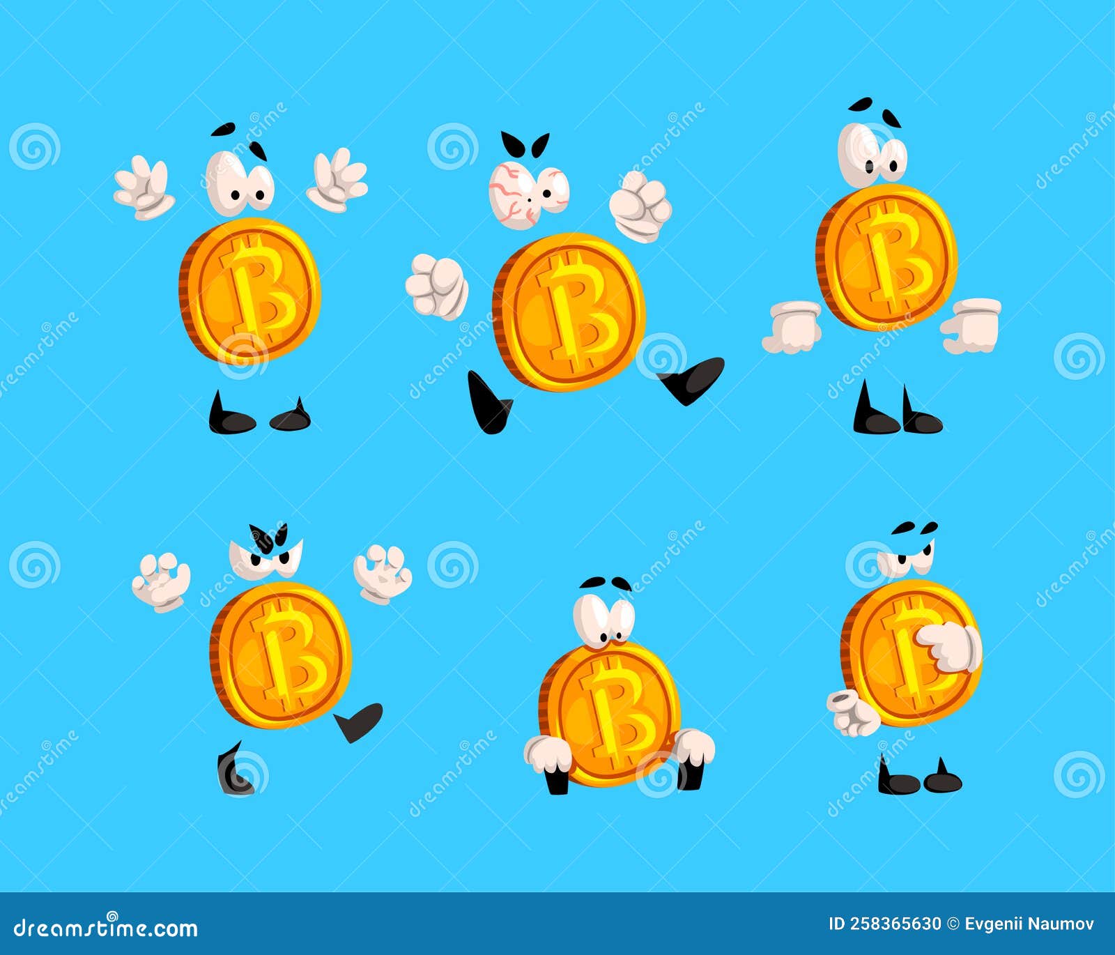 Golden Bitcoin Character with Different Emotion on Blue Background ...