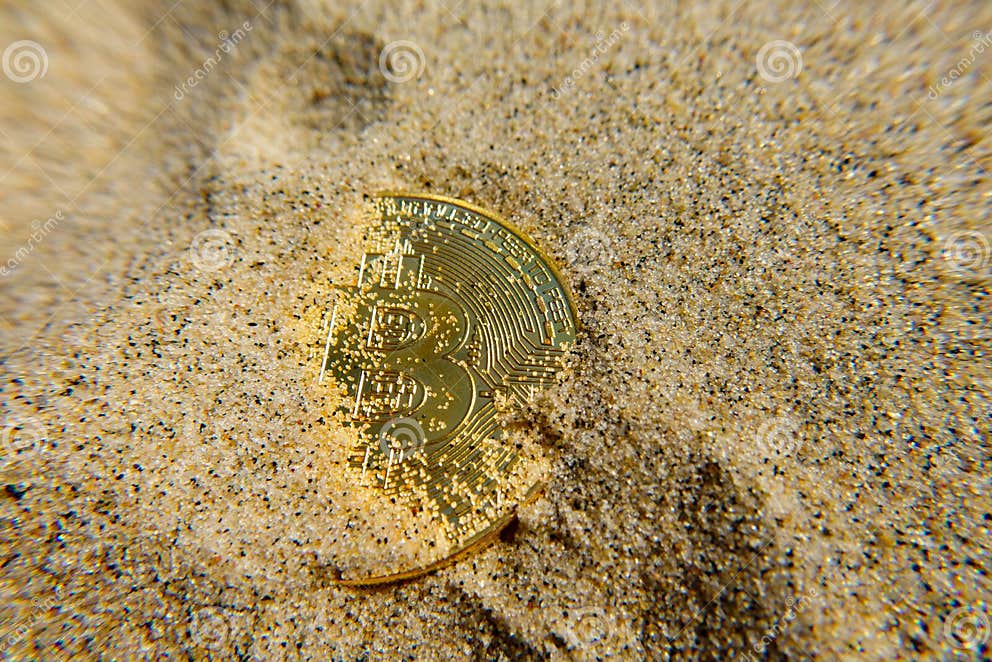 Golden Bitcoin Coin is in the Sand Stock Image - Image of symbol ...