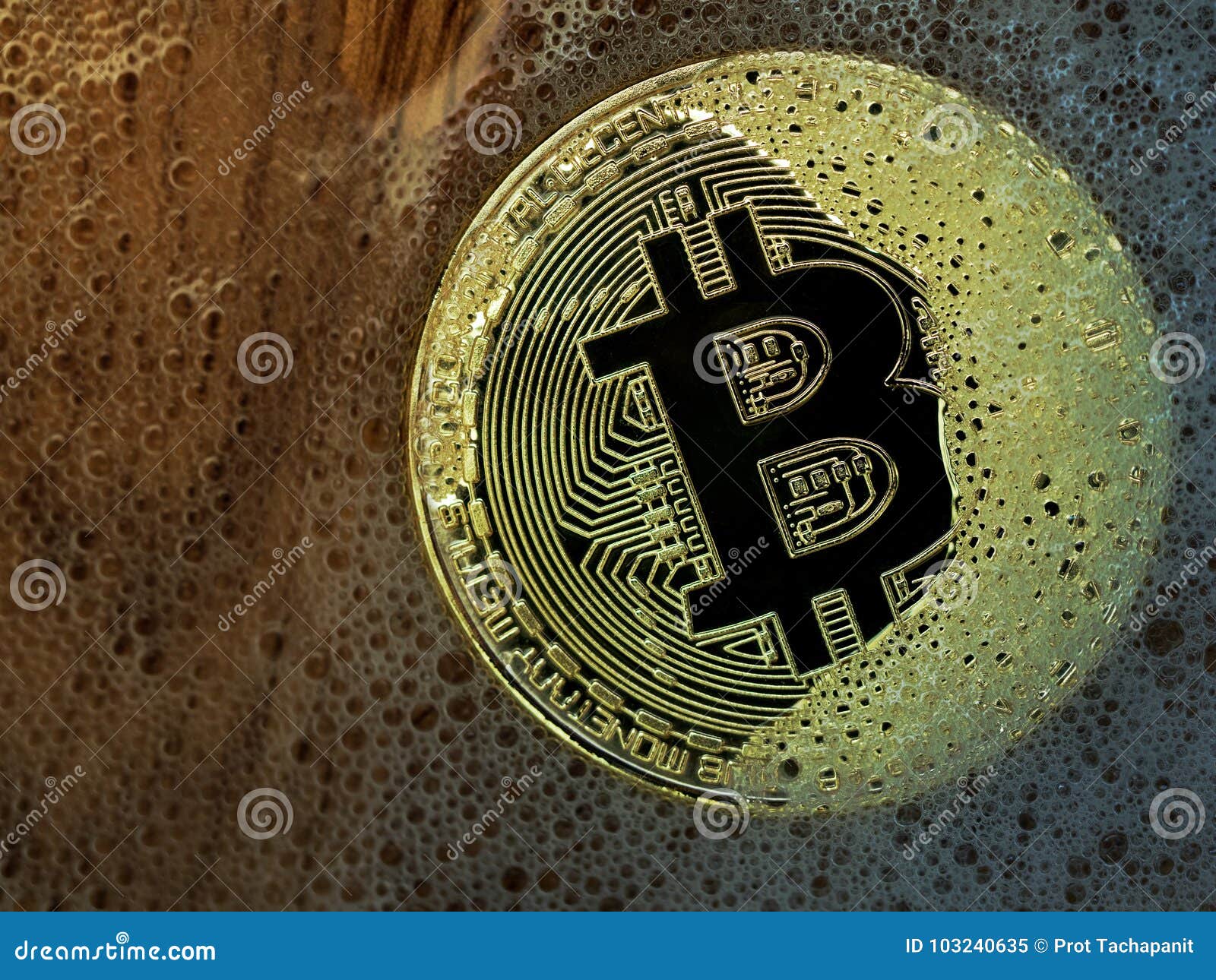 Golden Bitcoin Coin in a Soap Bubble. Concept of Distributed Ledger ...