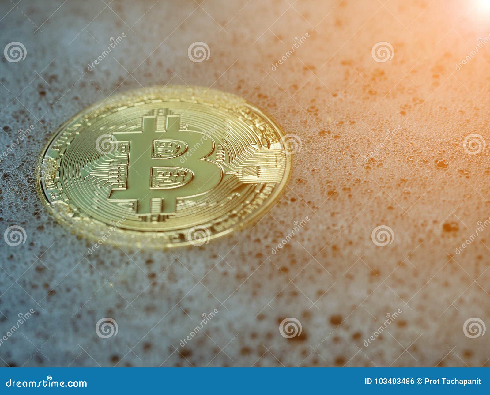 Golden Bitcoin Coin in a Soap Bubble. Concept of Distributed Ledger ...