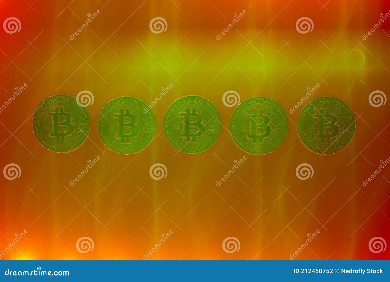 Golden Bitcoin Coins in Horizontal Row on Orange Background with Lights ...