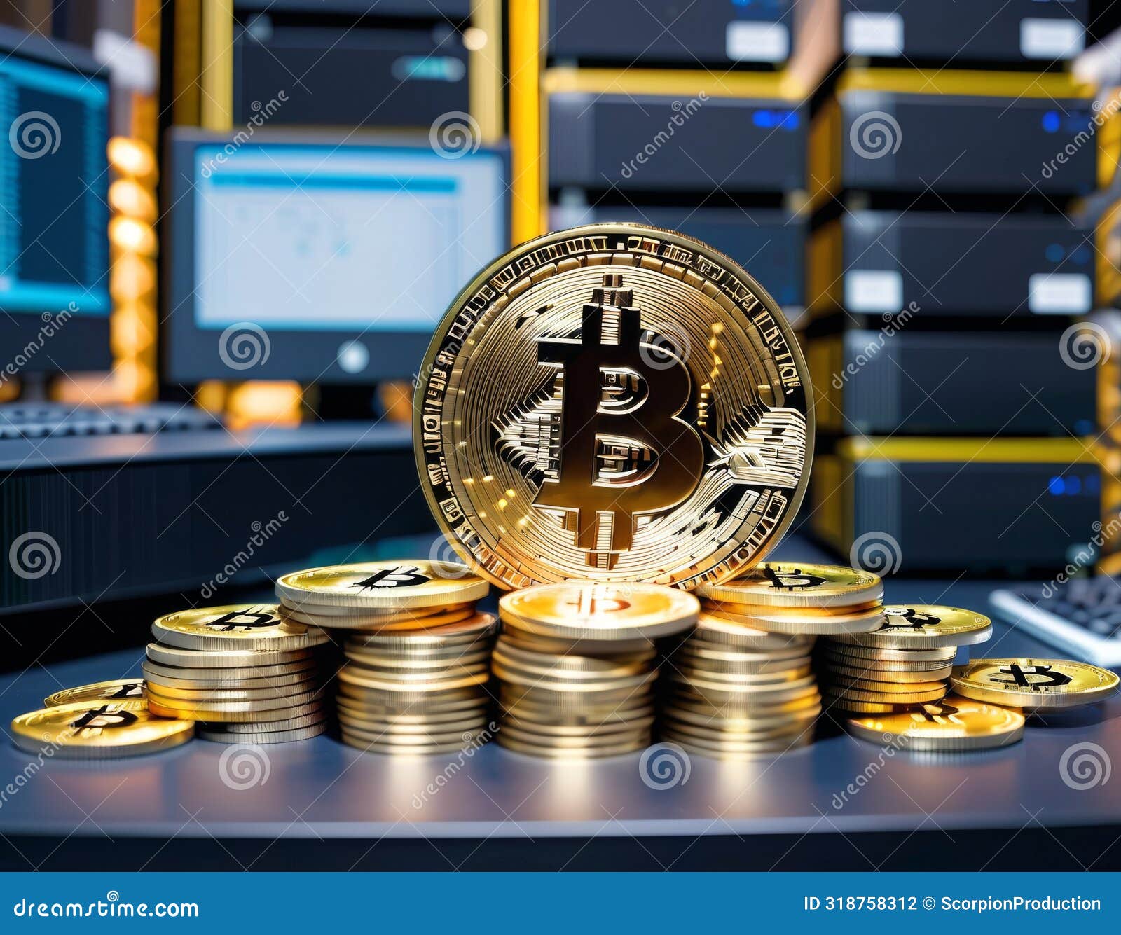 Golden Bitcoin Coins on Server Rack Stock Photo - Image of technology ...