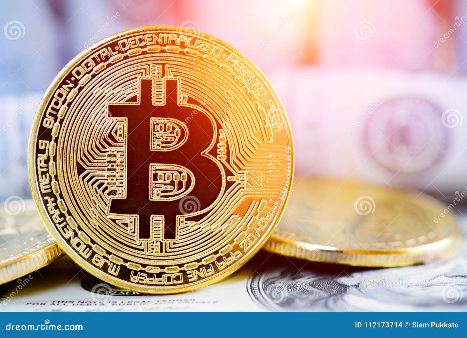 Golden Bitcoin Coins on Us Dollars Notes Stock Photo - Image of growth ...