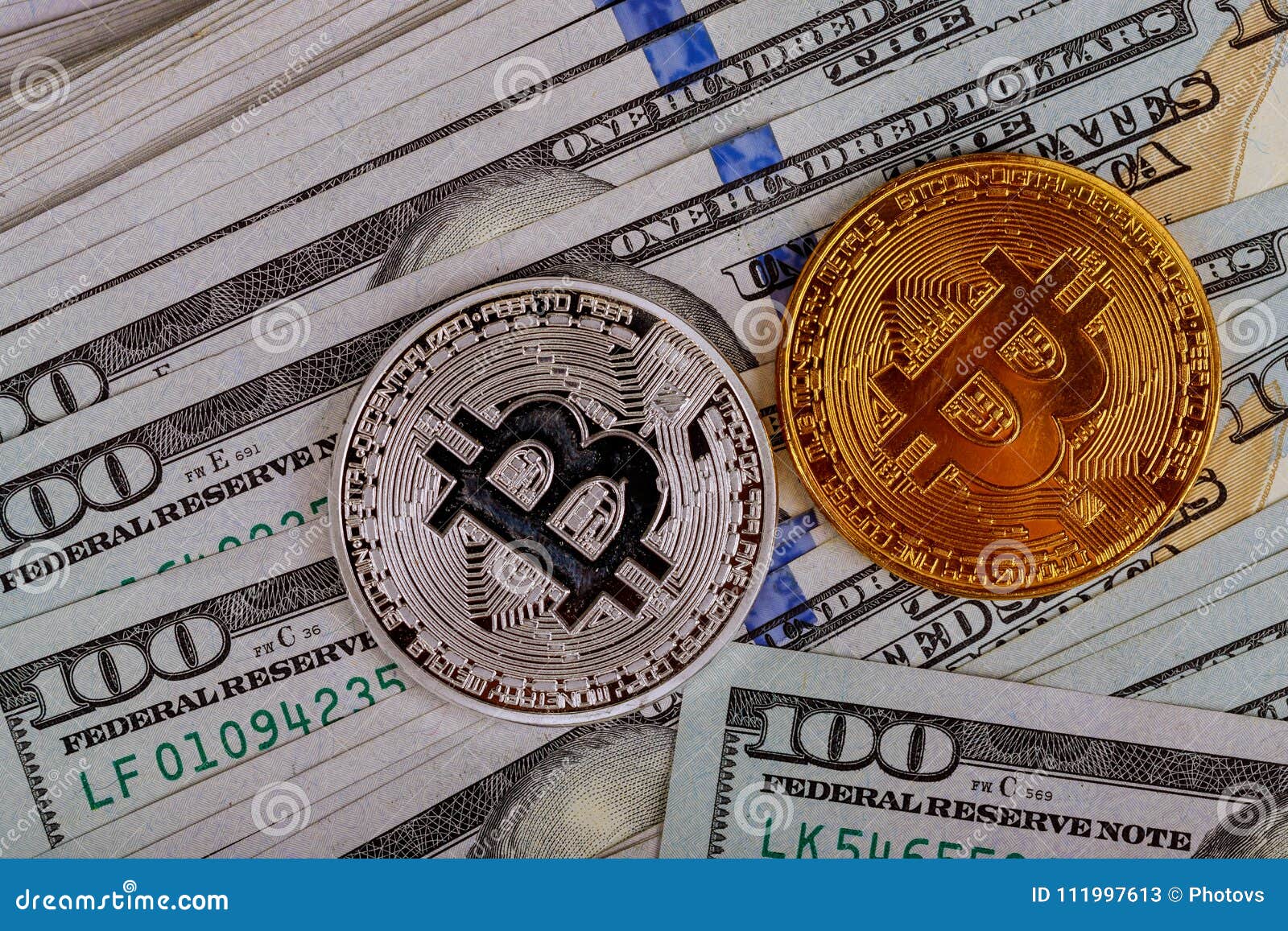 Golden Bitcoin Coins on Us Dollars Notes Stock Image - Image of mining ...