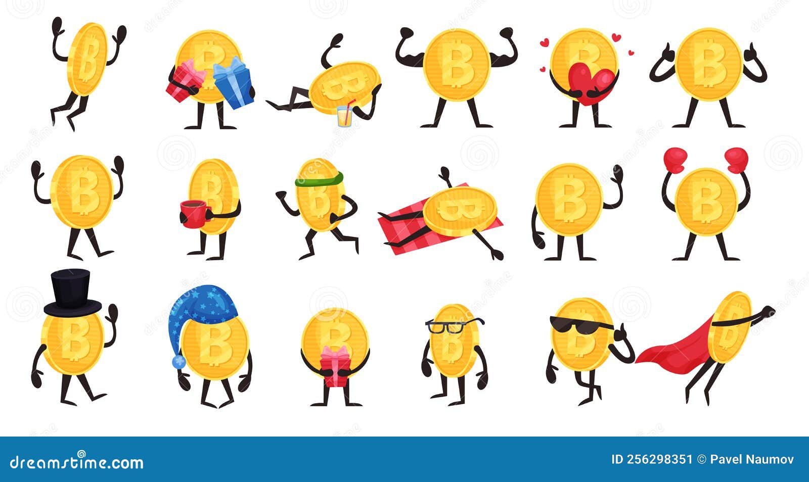 Golden Bitcoin Humanized Character Engaged in Different Activity Vector ...