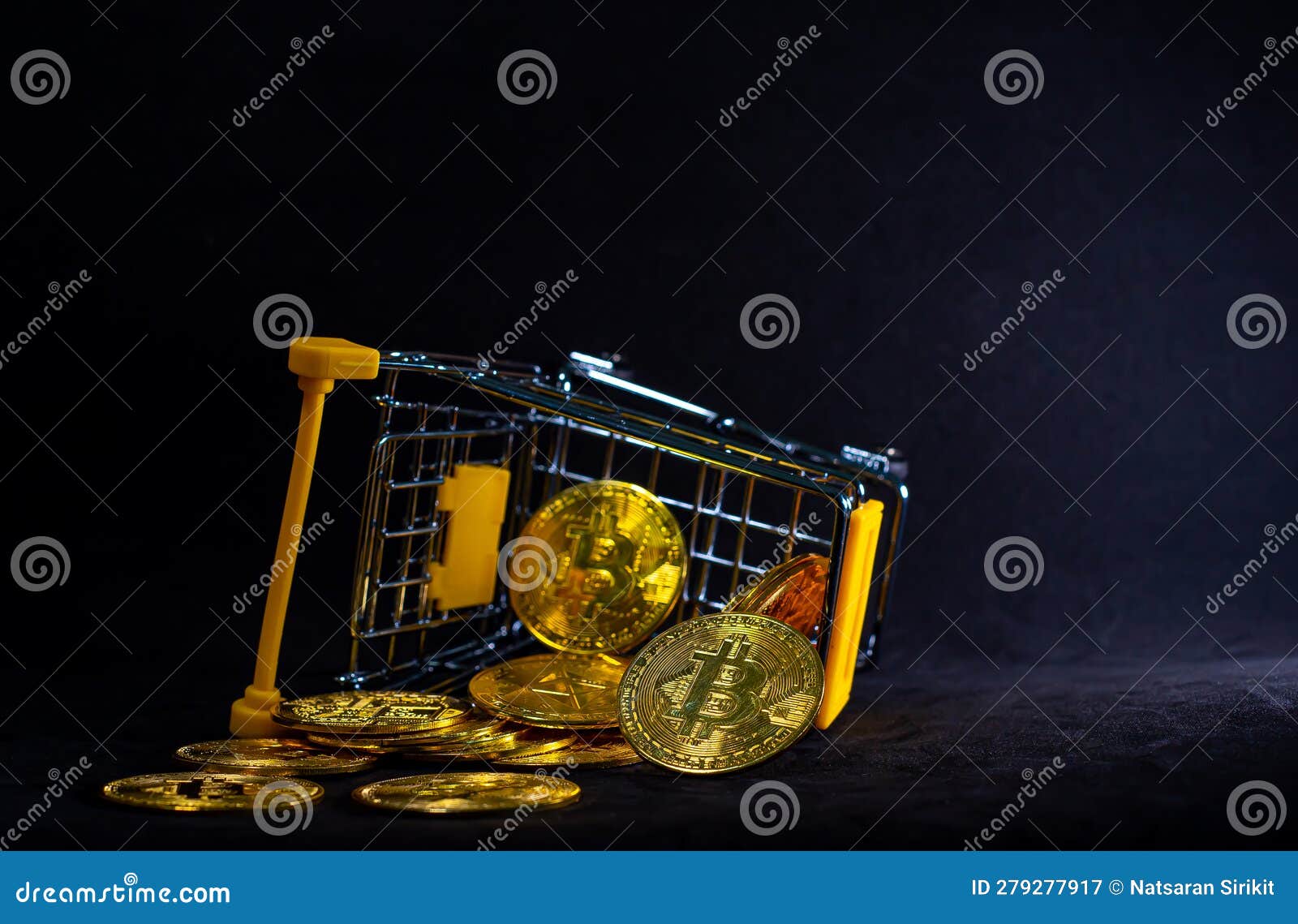 Golden Bitcoin, Stack of Bitcoin Fall Out from a Yellow Trolley with ...