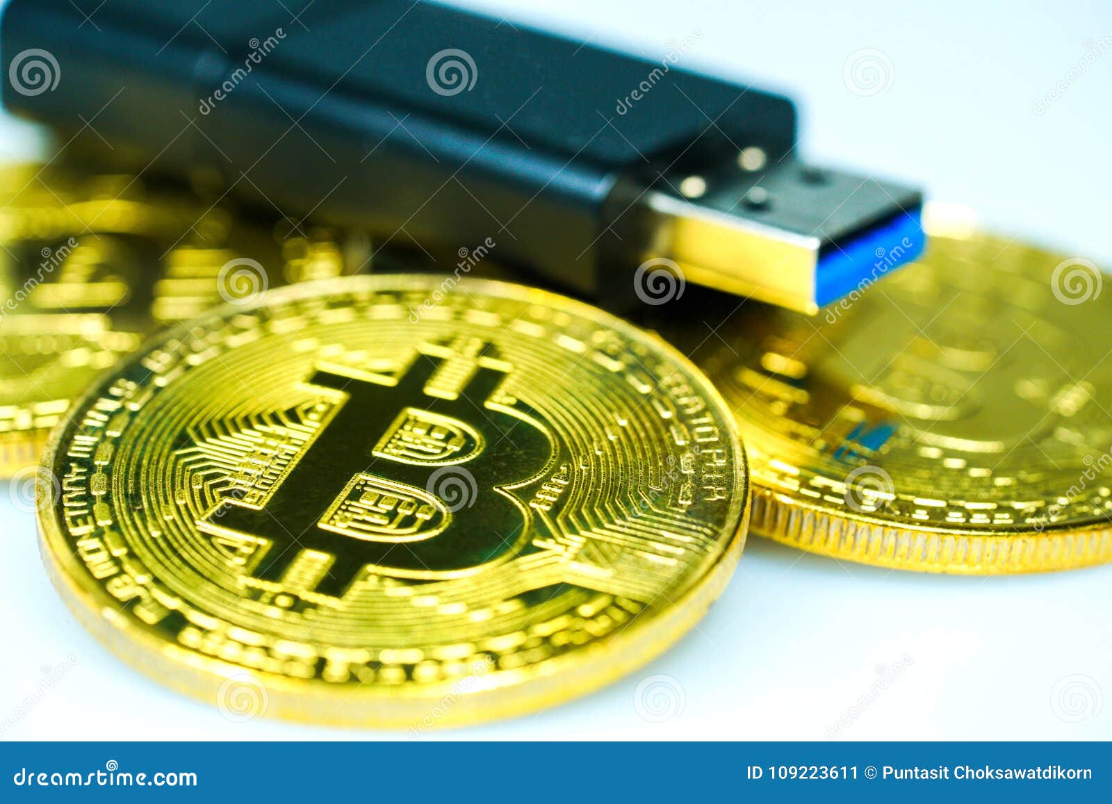 Golden Bitcoin and USB Flash Drive Stock Image - Image of design ...