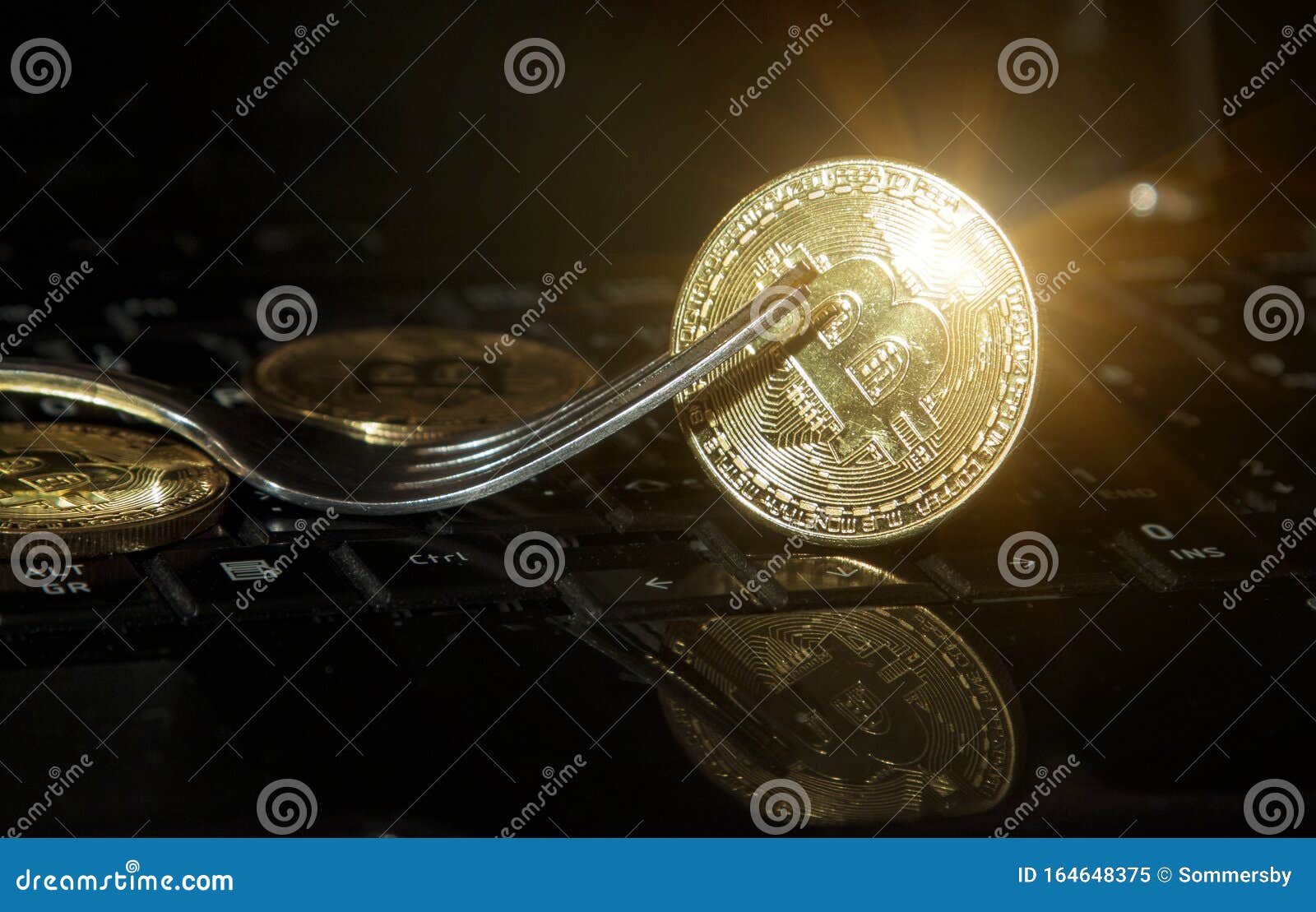 Golden Bitcoins with Fork. Hard Fork Change Concept Stock Image - Image ...