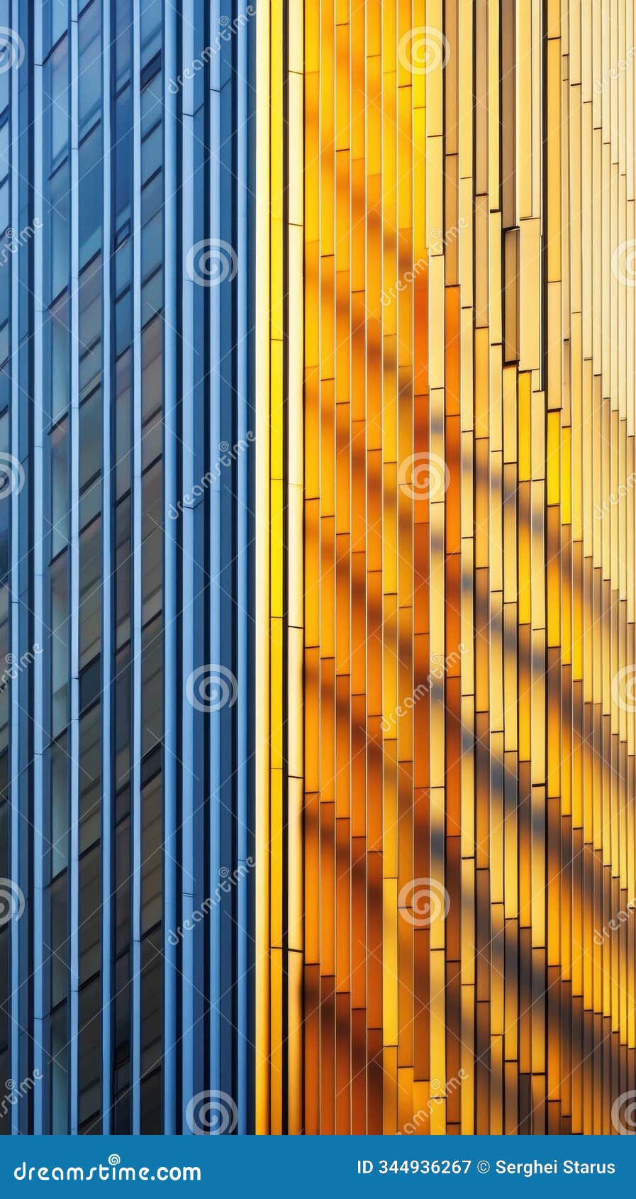 Golden and Blue Skyscraper Facade with Geometric Patterns and ...