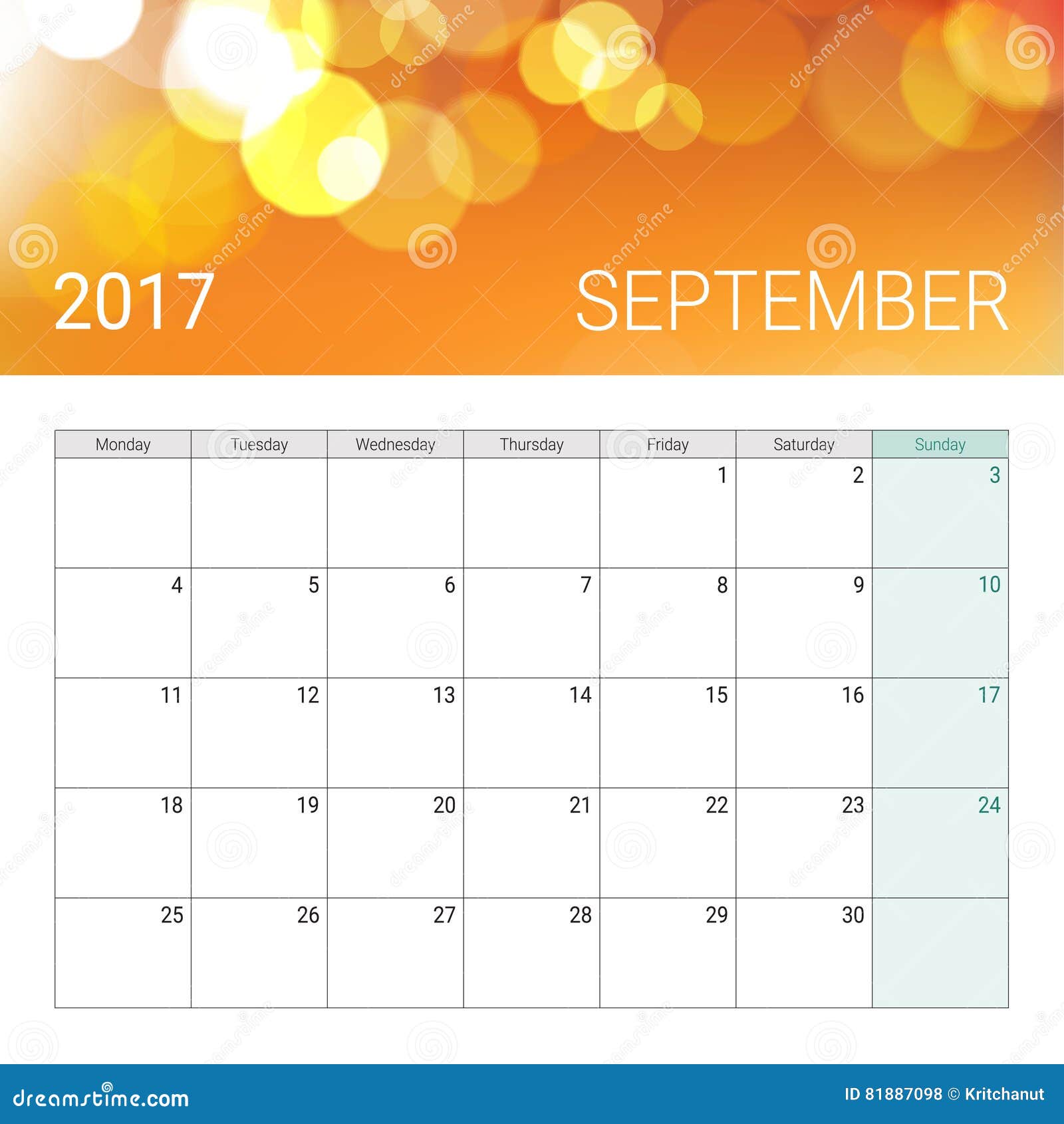 Golden Bokeh September 2017 Calendar Stock Vector - Illustration of ...