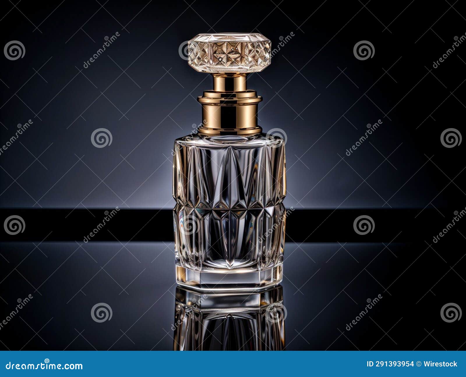 A Golden Bottle of Perfume with Its Reflection on a Dark Surface Stock ...