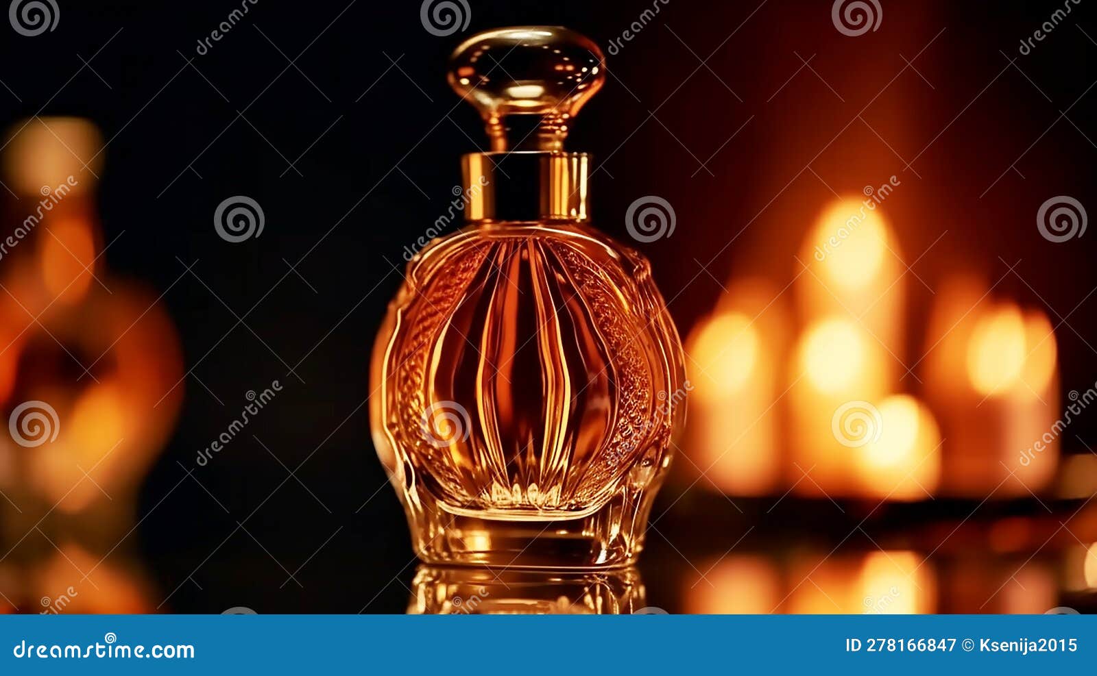 A Golden Bottle of Perfume Stands on Surface in Which Fire is Reflected ...