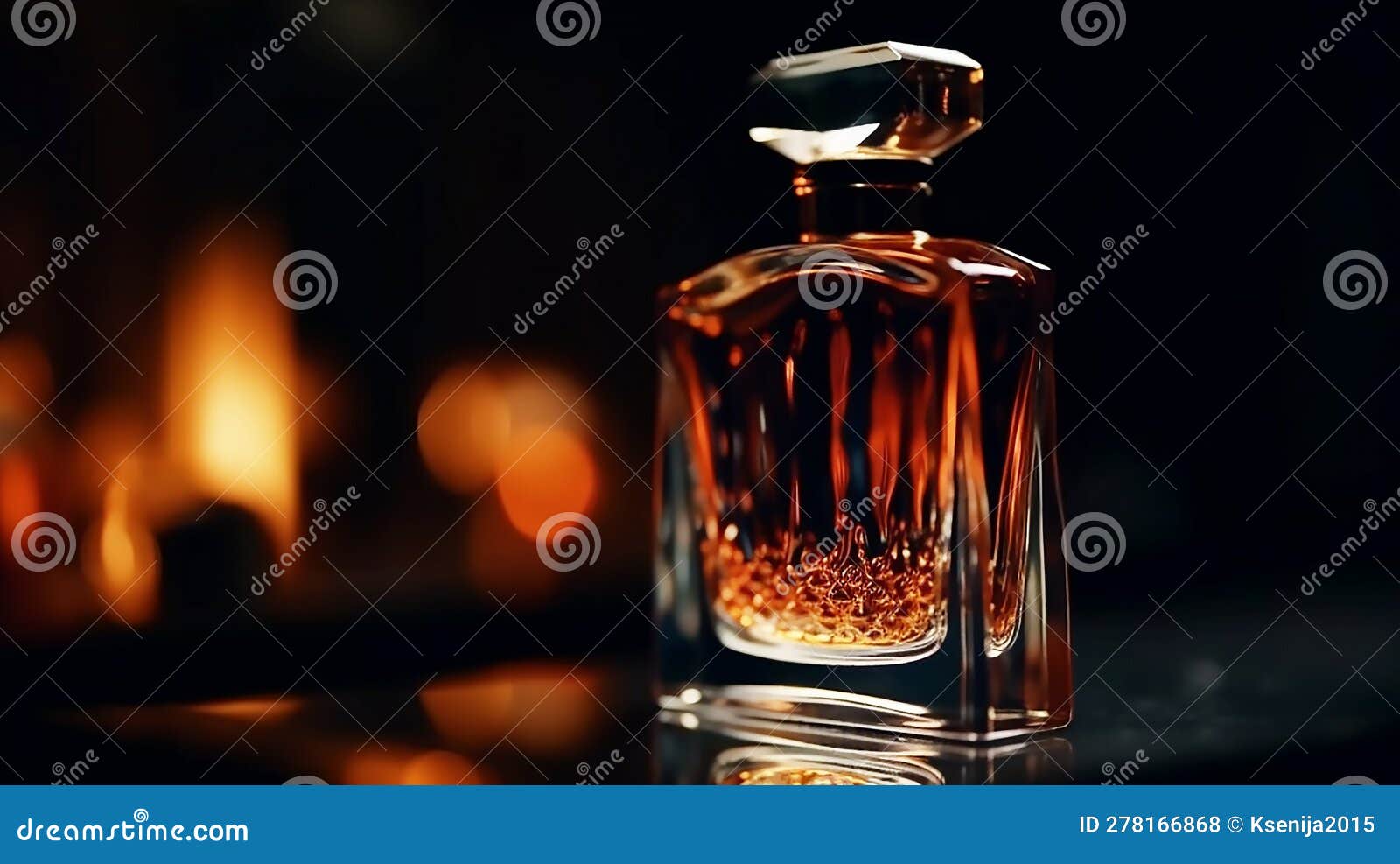 A Golden Bottle of Perfume Stands on Surface in Which Fire is Reflected ...