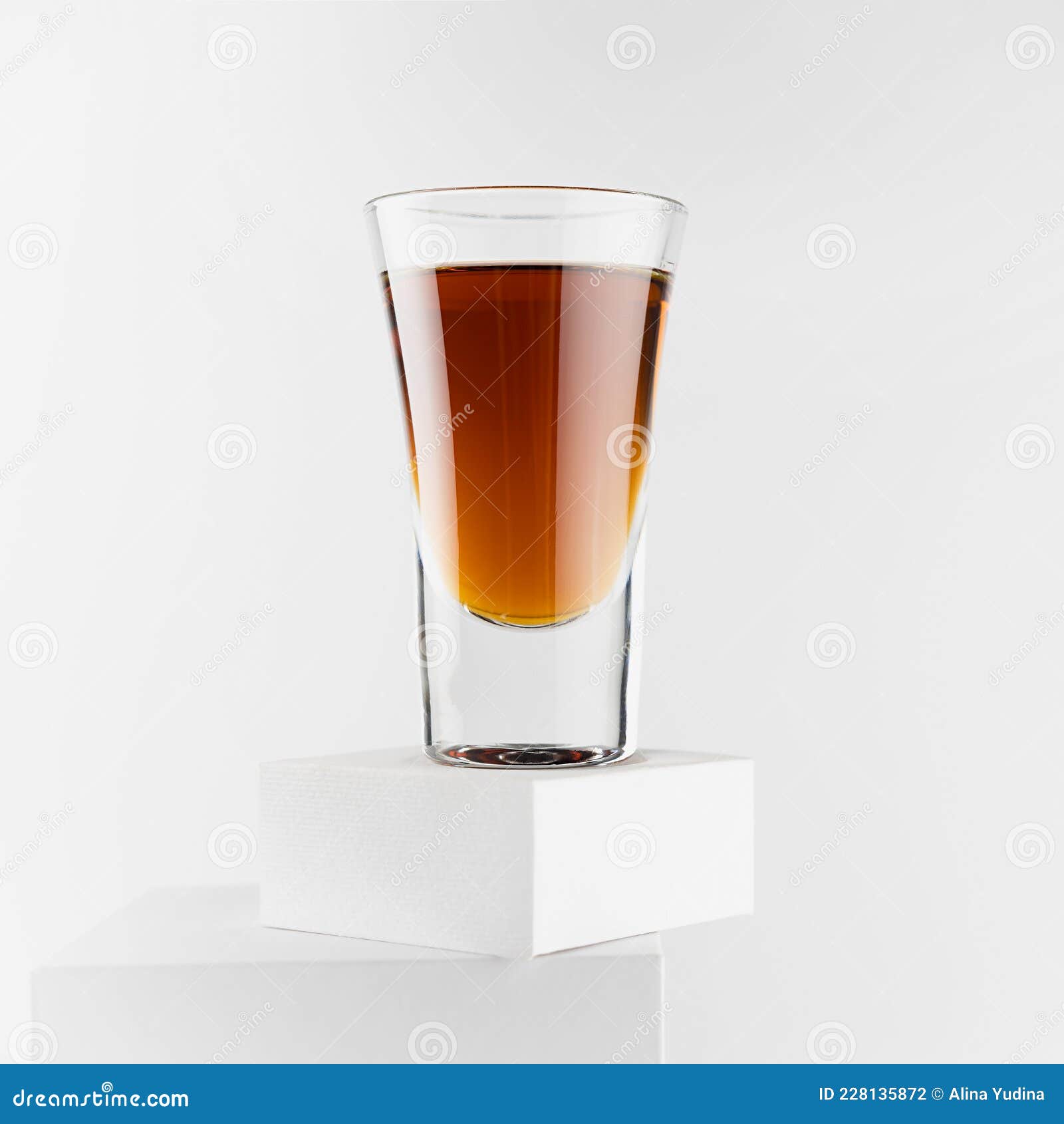 Golden Brandy Shot Glass in Hard Light with Shadow, Reflection on High ...