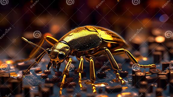 A Golden Bug Inside a Computer Stock Illustration - Illustration of ...
