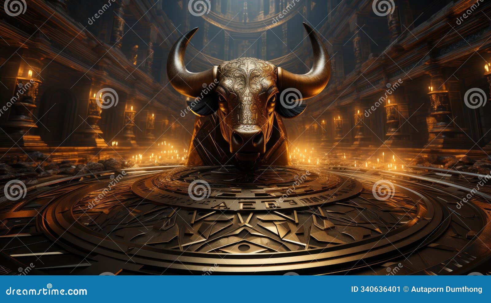 A Golden Bull Statue in a Dark Room with Candles Stock Illustration ...