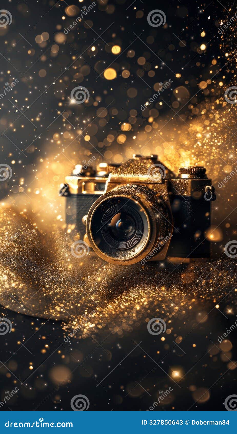 Golden Camera Icon Surrounded by Sparkling Golden Glitters on a Dark ...