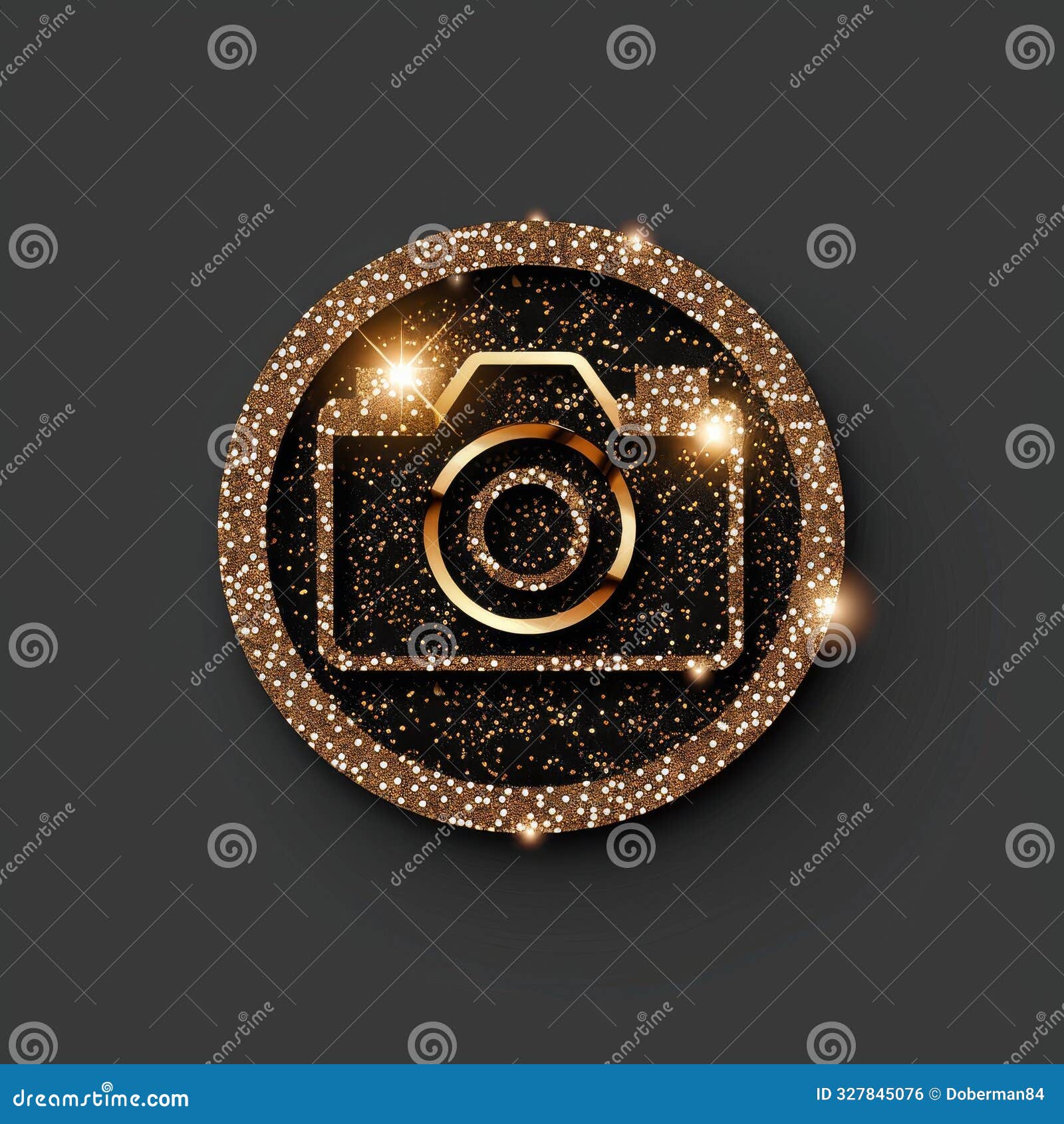 Golden Camera Logo Inside a Circle with Sparkling Golden Particles on ...