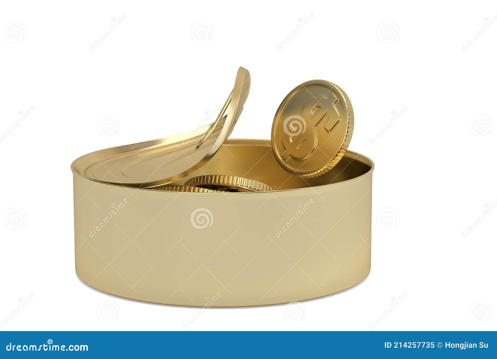 Golden Can and Coin Isolated on White Background, 3D Rendering. 3D ...