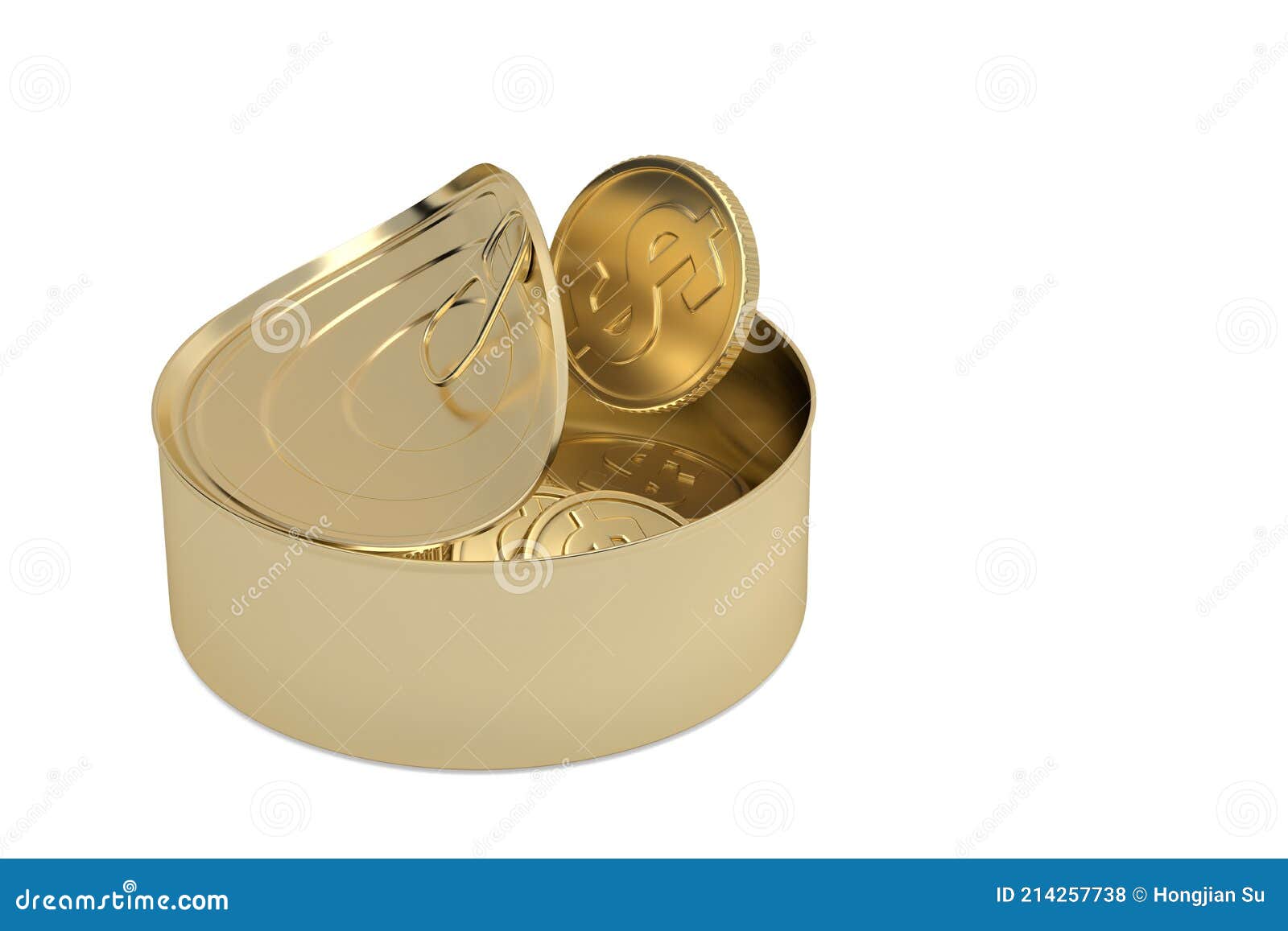 Golden Can and Coin Isolated on White Background, 3D Rendering. 3D ...