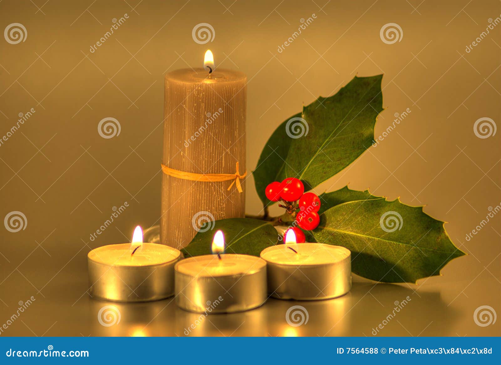 Golden candles with Holly stock photo. Image of candle - 7564588