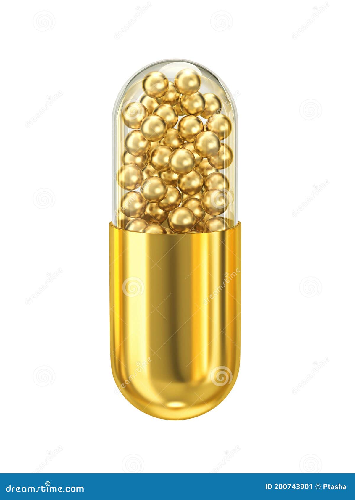 Golden Capsule Pill with Spheres Inside Isolated on White. Clipping ...