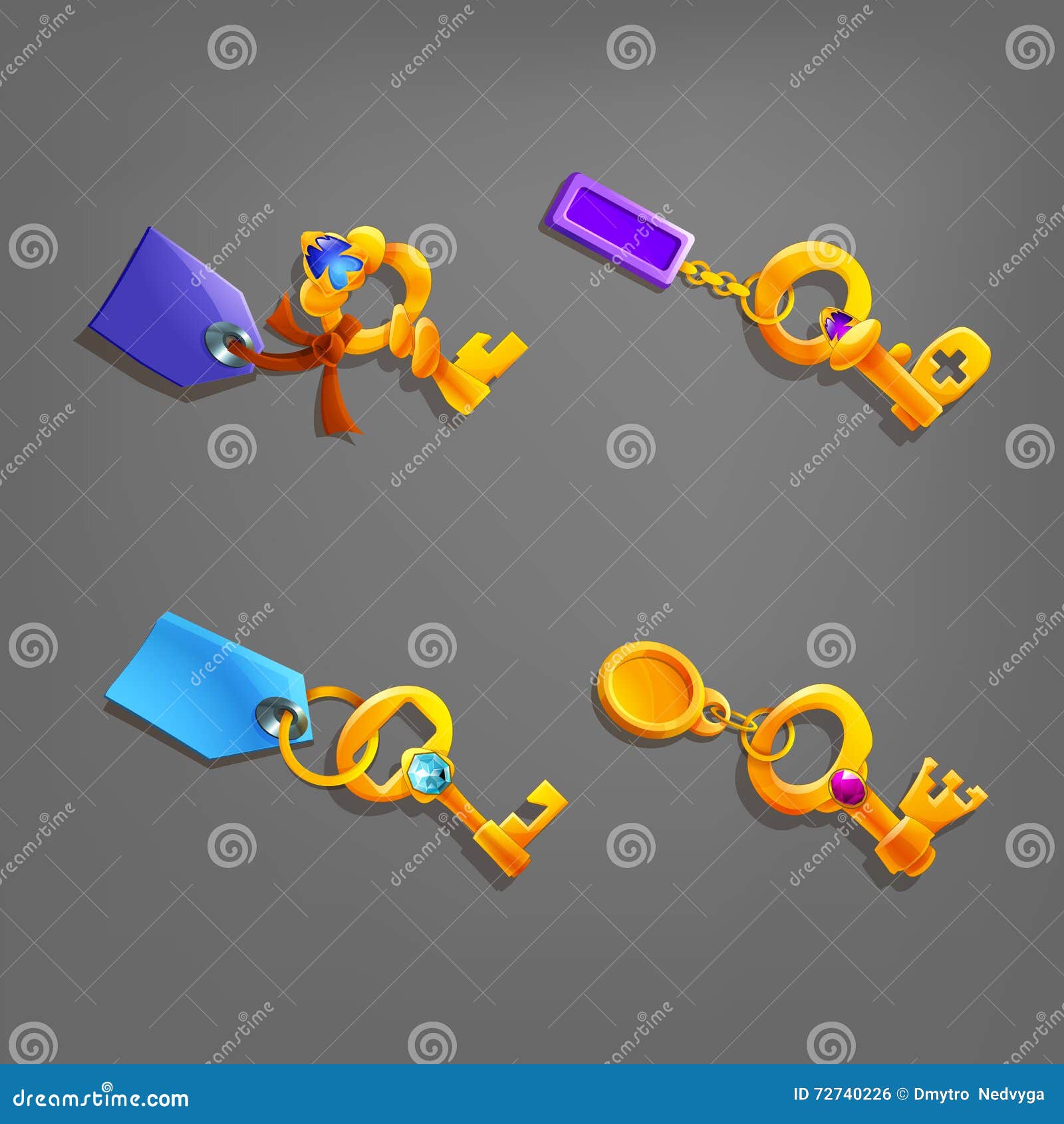 Golden Cartoon Keys with Trinkets. Stock Vector - Illustration of ...