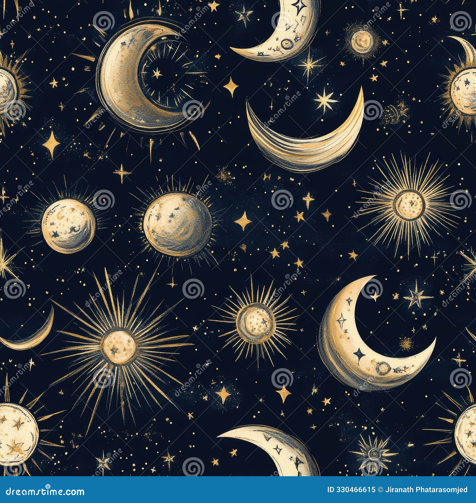 Golden Celestial Seamless Pattern Stock Illustration - Illustration of universe, crescent: 330466615