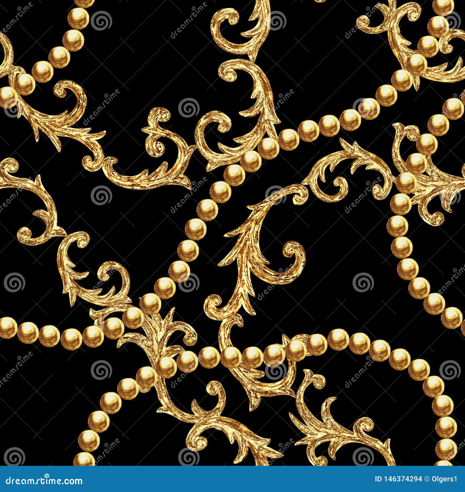 Golden Chain Glamour Baroque Style Seamless Pattern Background Stock
