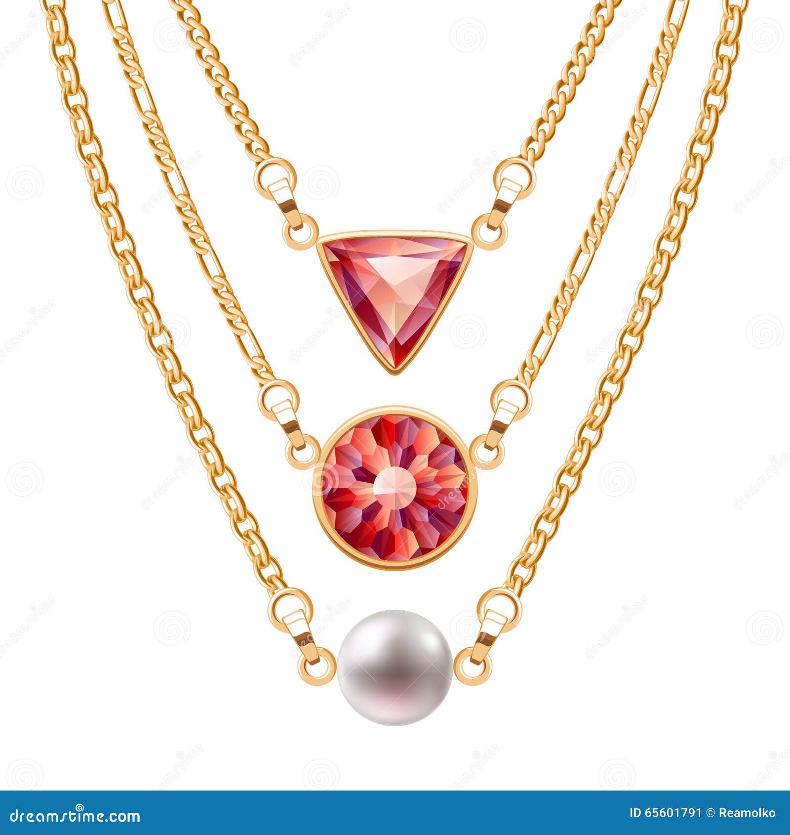 Golden Chain Necklaces Set with Round Triangle Ruby Pendants and Pearl ...