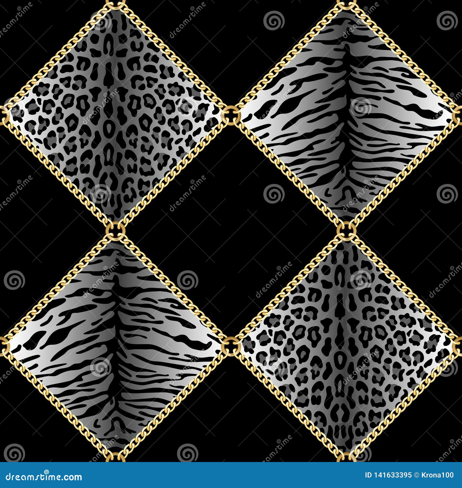 Golden Chains Seamless Pattern with Leopard and Tiger Prints. Stock ...