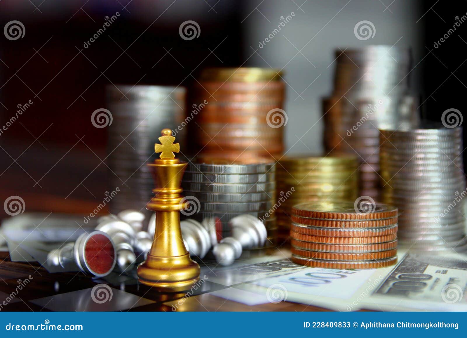 Golden Chess on Board with Coins Stacking on Bank Note , Business ...