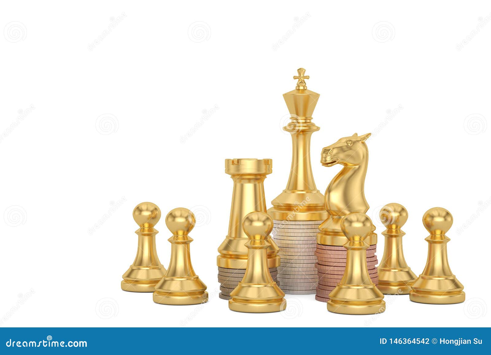 Golden Chess and Coin Stacks Isolated on White Background 3D ...