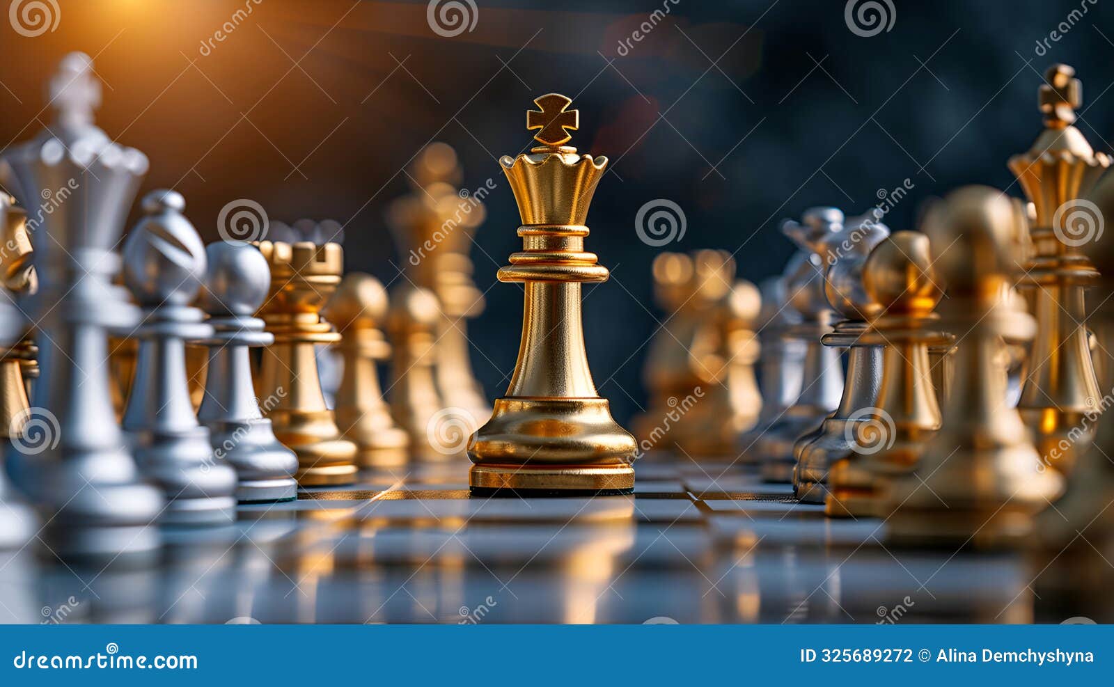 Golden Chess King with Silver Pieces in the Background Stock ...