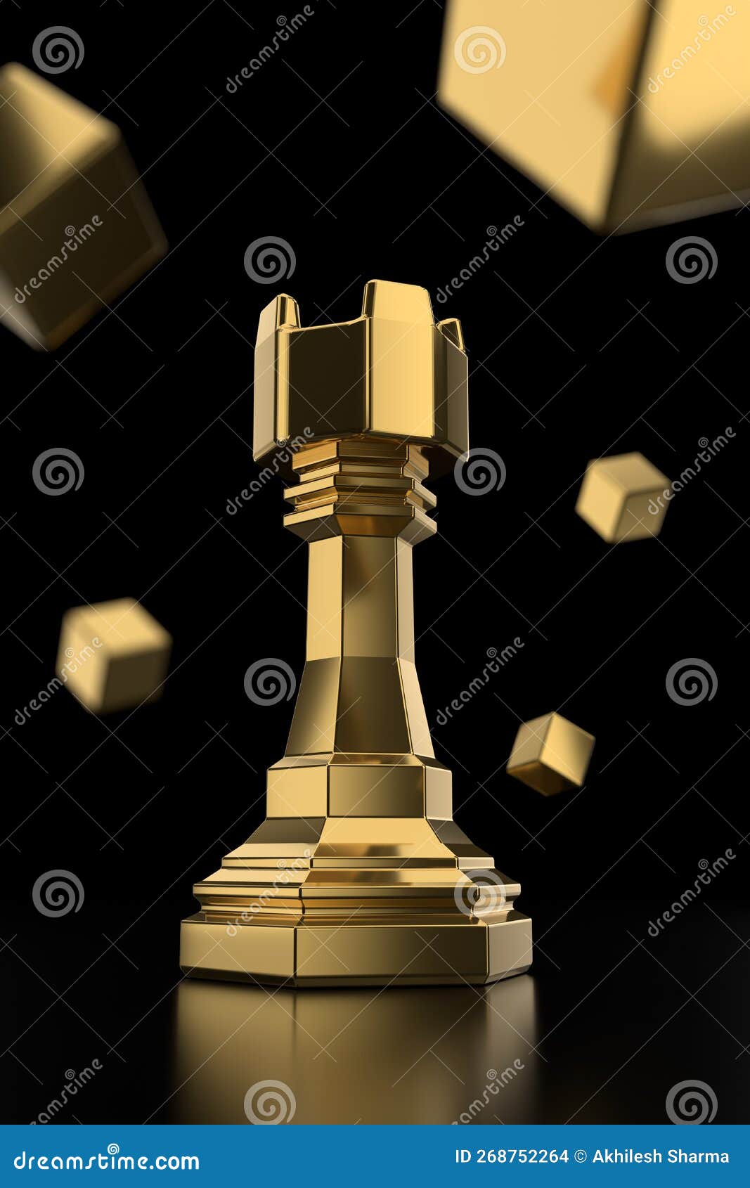 Golden Chess Rook Piece on Black Background with Cubes - 3D ...