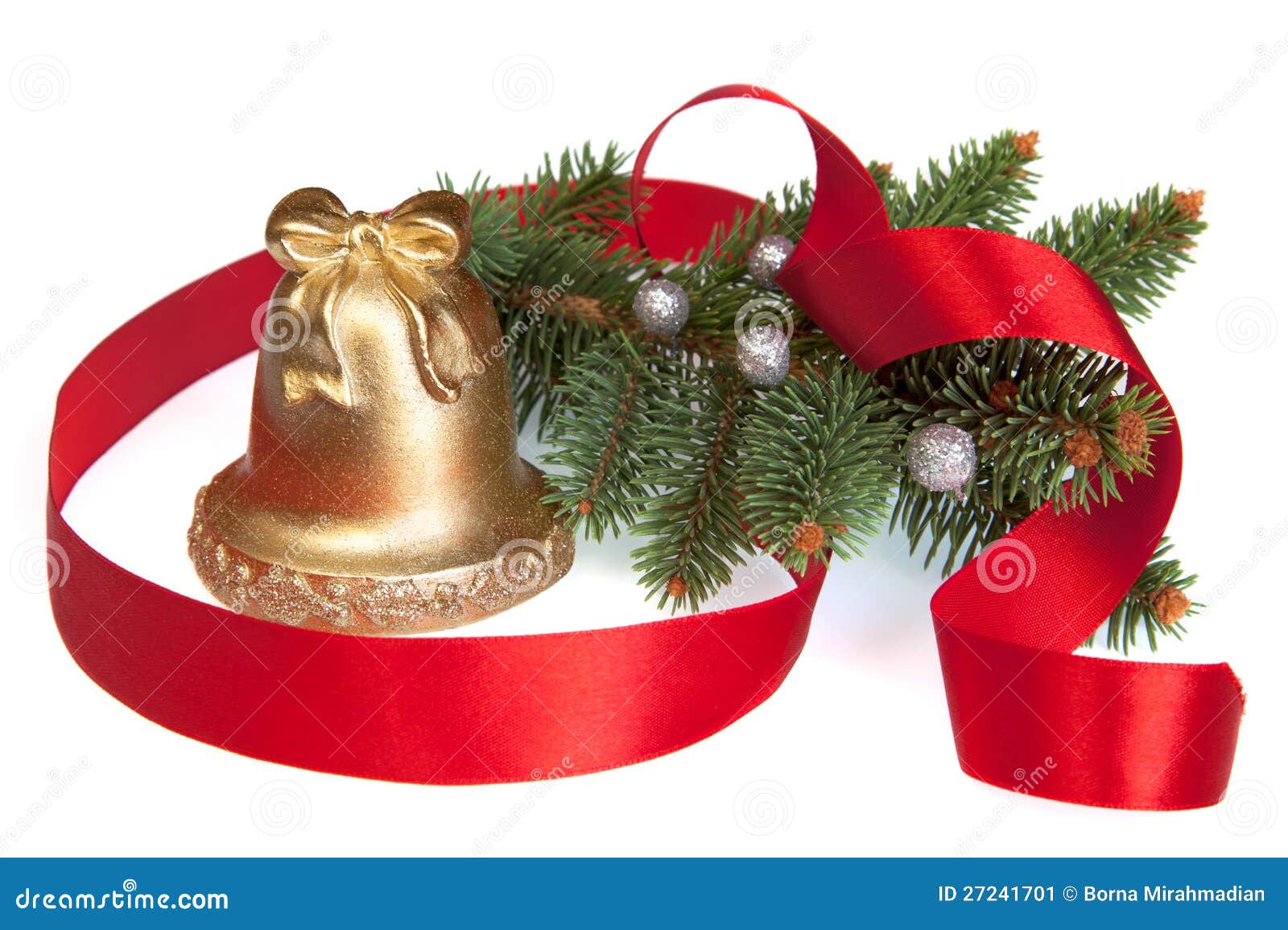 Golden Christmas Bell with Pine and Ribbon Stock Image - Image of ...