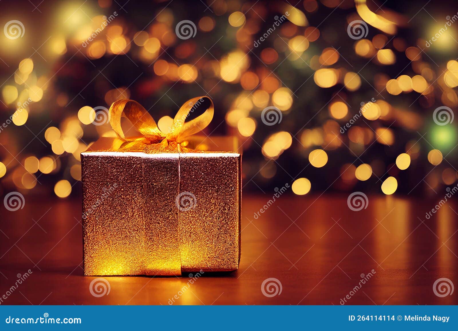 Golden Christmas Gift Box and Bokeh Lights Stock Photo - Image of gift, package: 264114114
