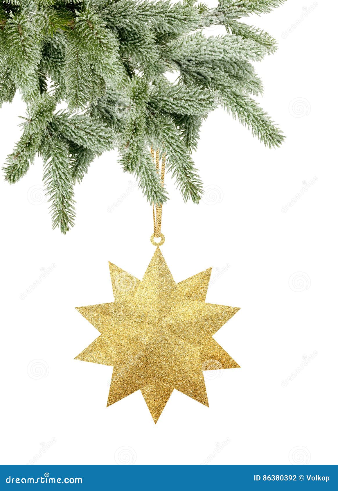 Golden Christmas Star on Tree Branch Isolated on White Stock Photo ...