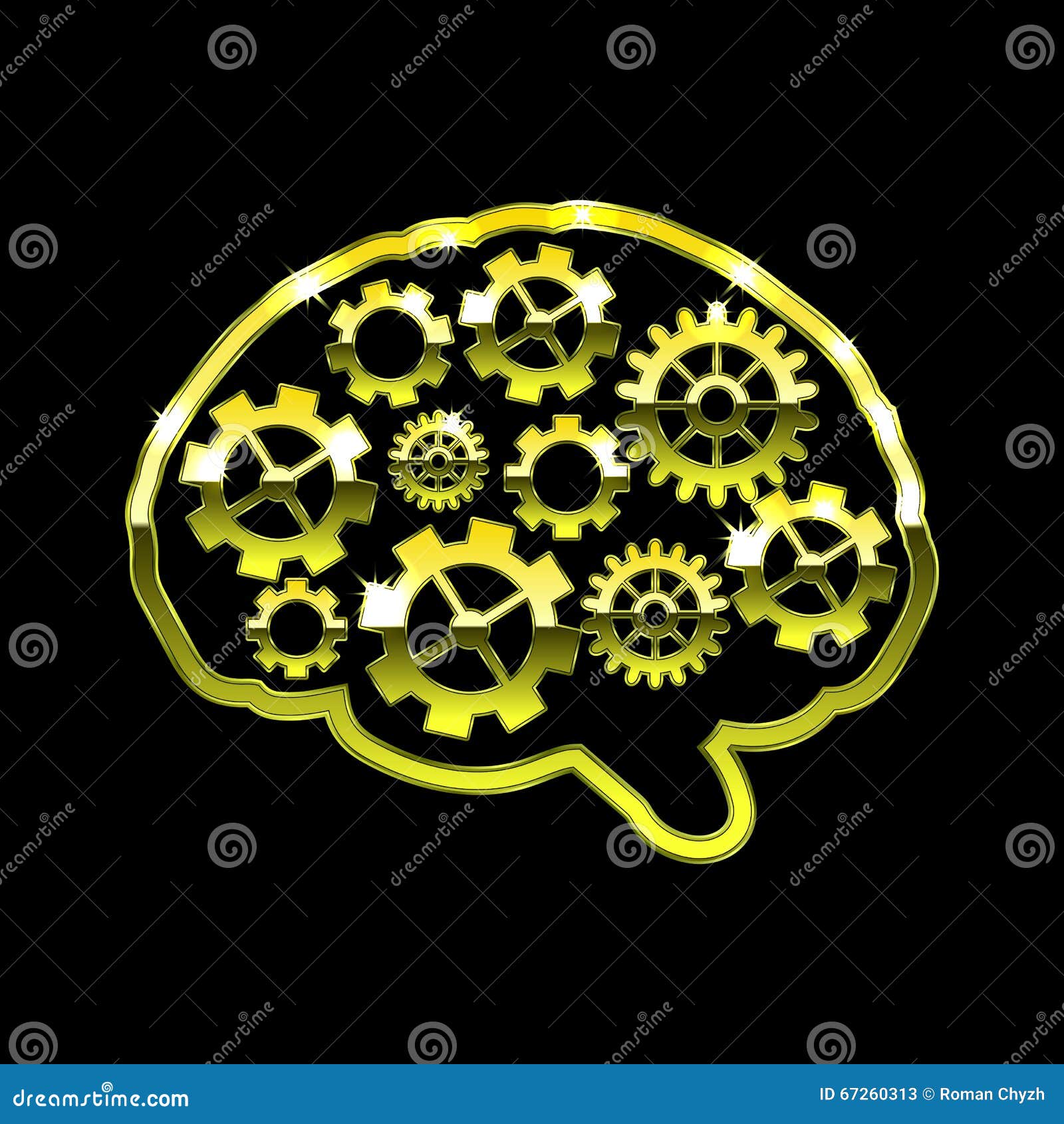 Golden Chrome Brain with Gears. Think Design Over Black Background ...