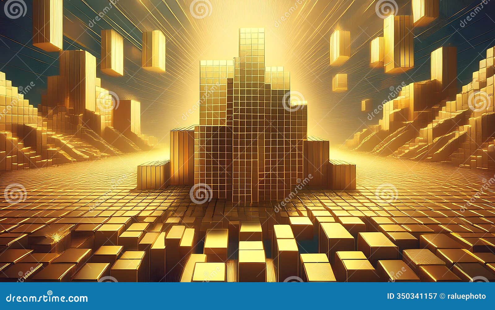 Golden Cityscape with Floating Blocks, Radiating Light, and Grid-like Structure Stock ...