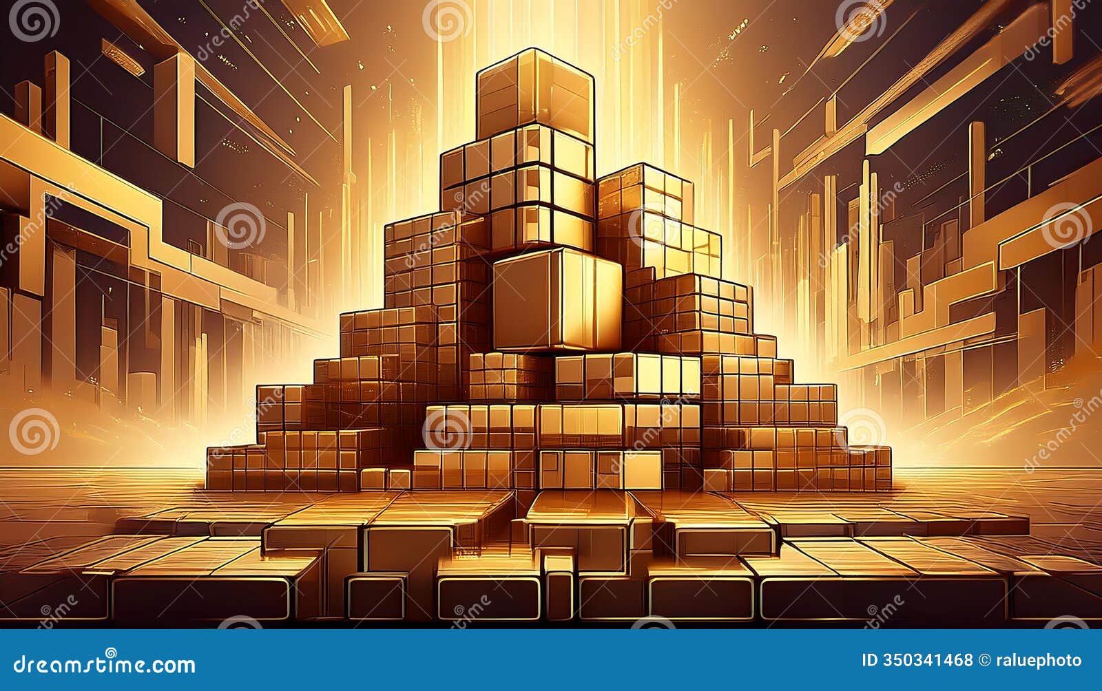 Golden Cityscape with Floating Blocks, Radiating Light, and Grid-like ...