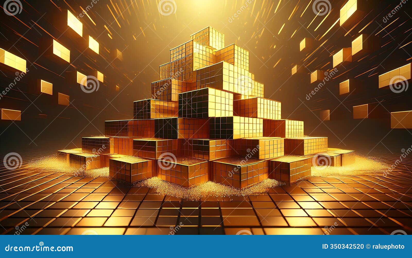 Golden Cityscape with Floating Blocks, Radiating Light, and Grid-like ...
