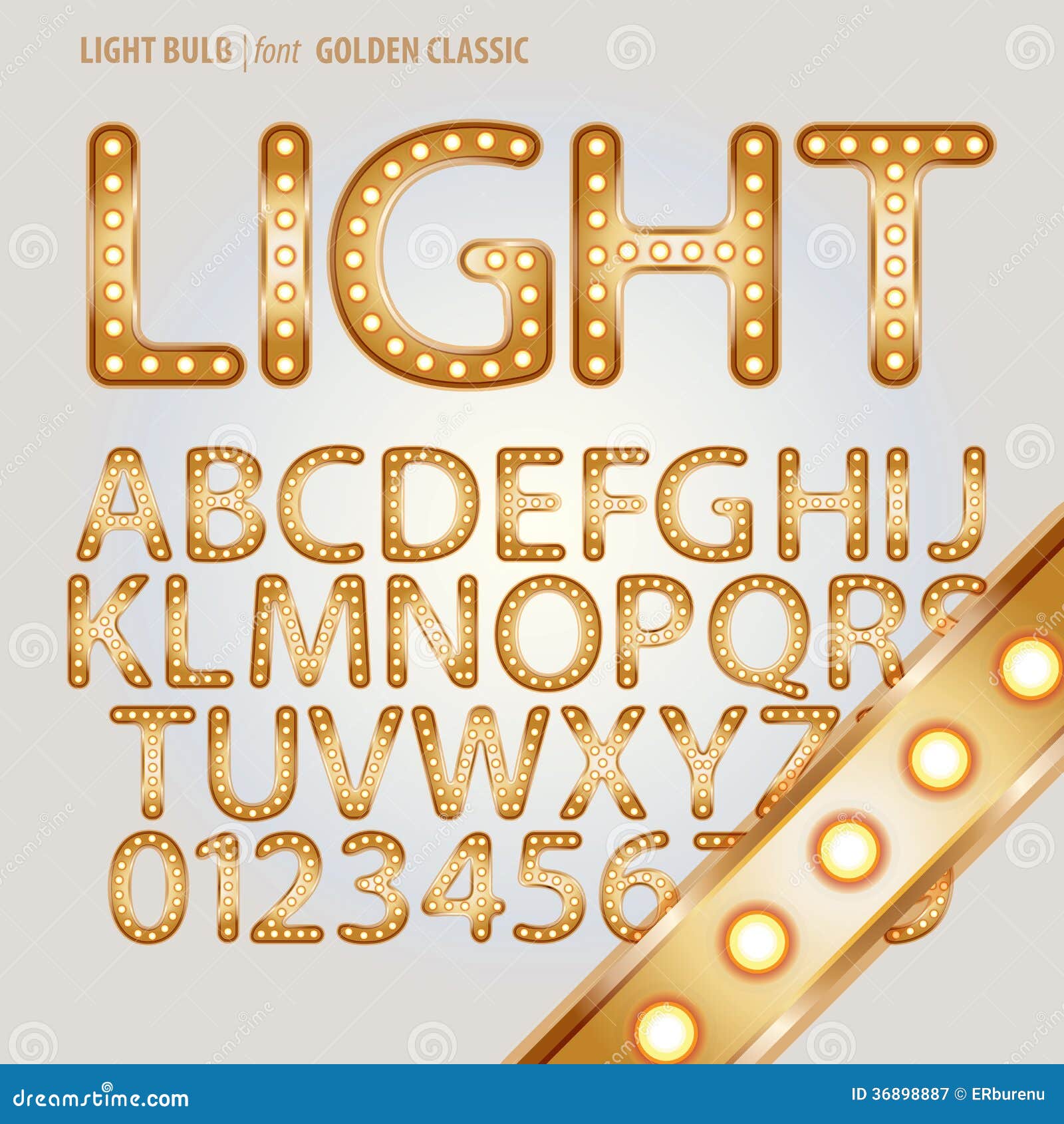 Golden Classic Light Bulb Alphabet and Digit Vecto Stock Illustration ...